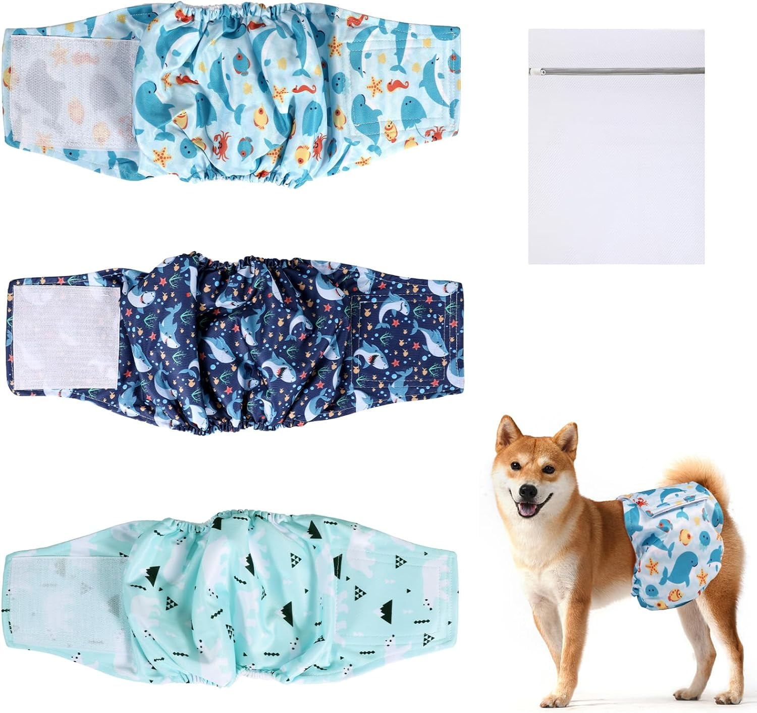 QKURT 3 Packs Dog Nappies Male, Reusable Super Absorbent Washable Dog ...