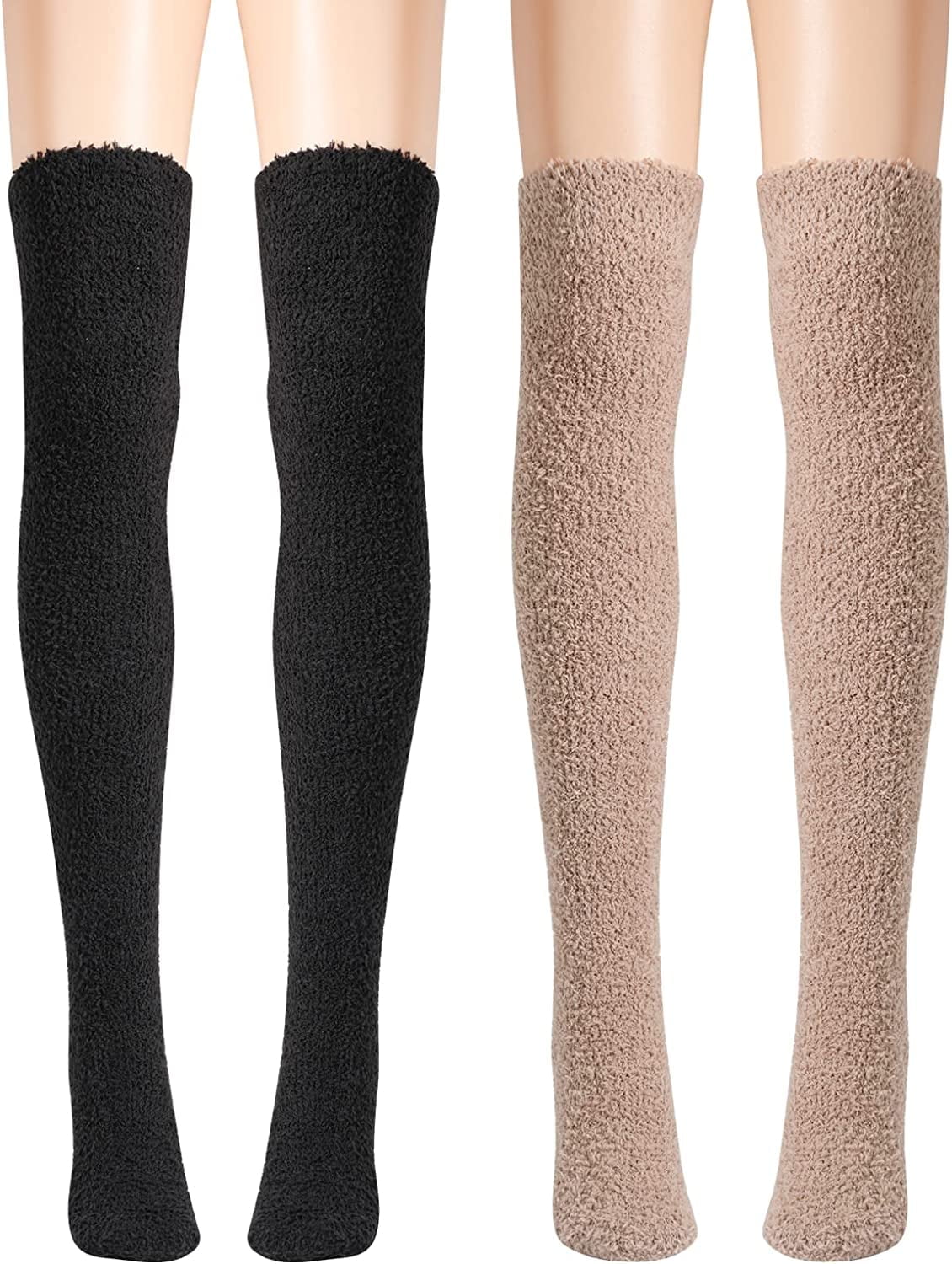 2 Pairs Womens Thigh High Fuzzy Socks Warm Winter Over Knee Stocking ...
