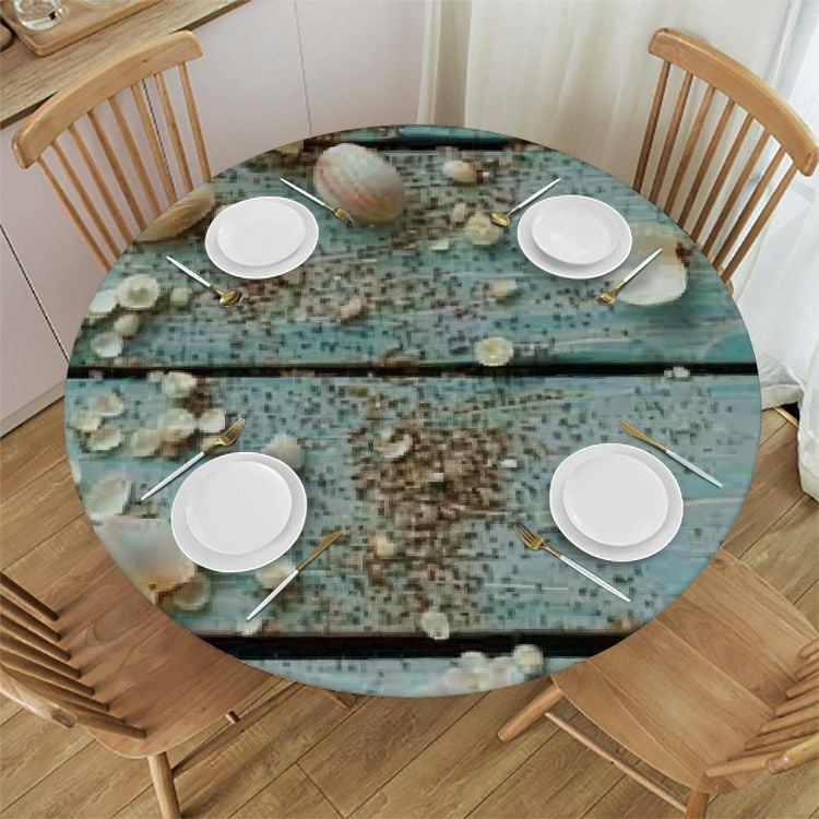 QKZF Beach Fitted Round Table Cloth Wood Texture Starfish Fitted Table ...