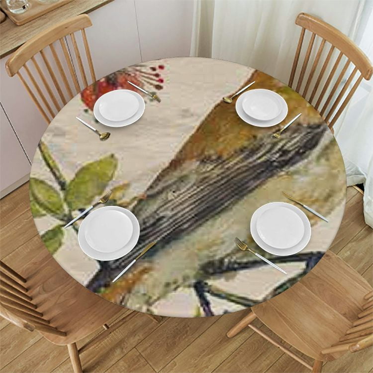 QKZF Birds and Butterflies Round Tablecloth Retro Natural Tree Branch ...