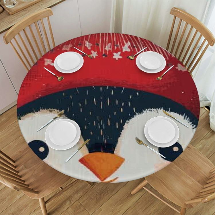 QKZF Cute Animal Penguin Red Heart Round Fitted Tablecloth with Hole ...