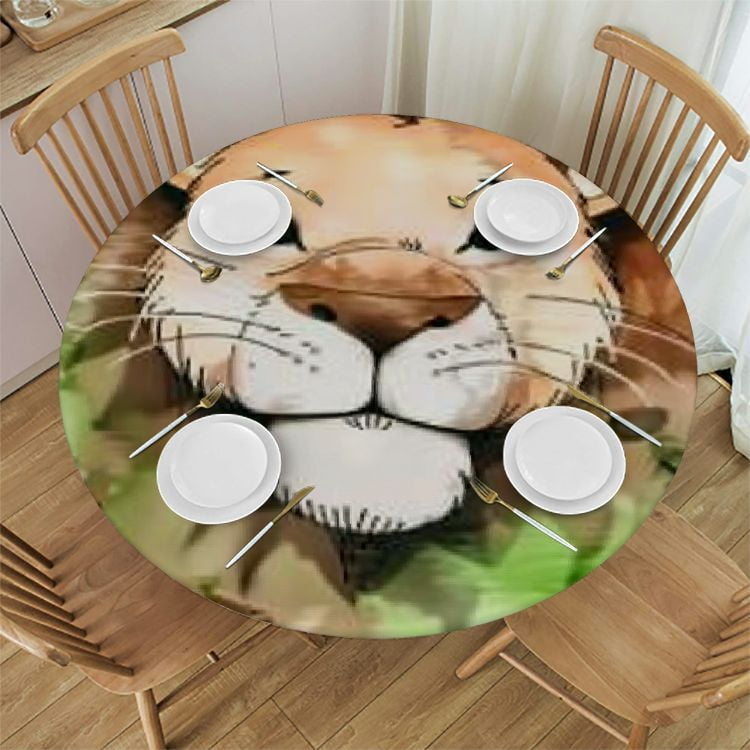 QKZF Cute Lion Elephant Palm Leaves Round Tablecloth Wipeable ...