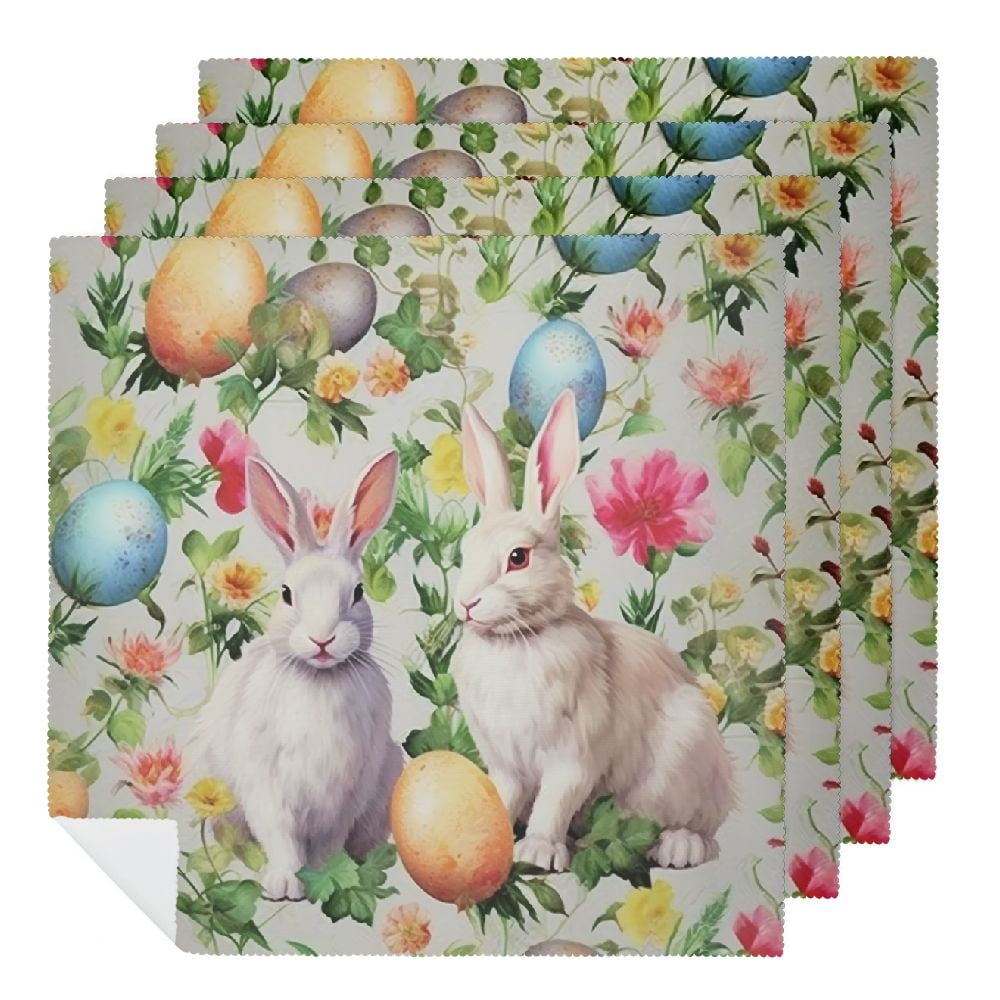 QKZF Easter Cloth Napkins, Easter Bunny Eggs in Grass Flowers Square ...
