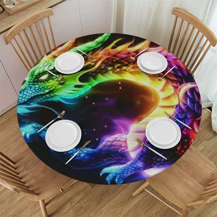 QKZF Fire Rainbow Dragon Round Tablecloth with Elastic Edge Waterproof ...