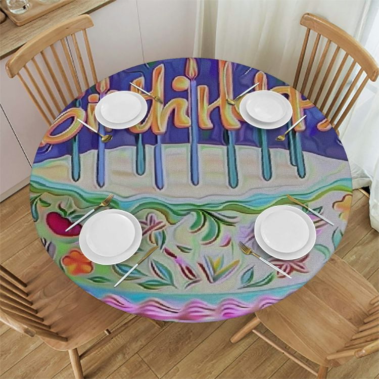 QKZF Fitted Tablecloth for Round Table,Happy Birthday Cake Table Cover ...