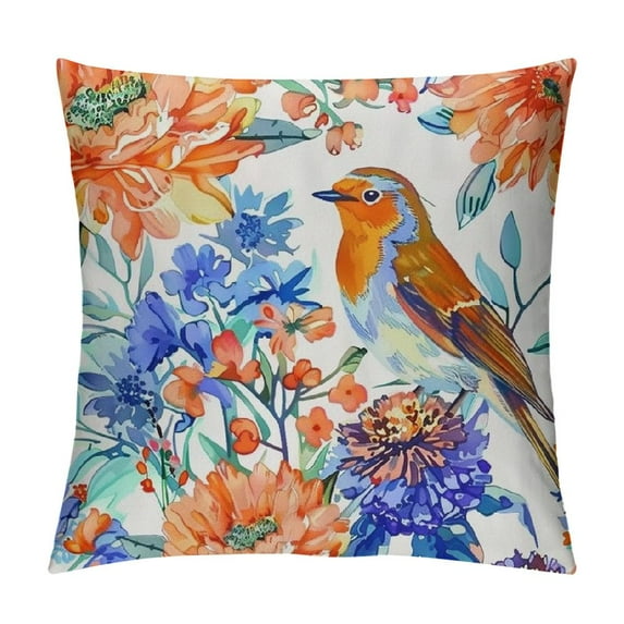 QKZF Flower Bird Throw Pillow Covers Yellow Floral Watercolor Couch ...