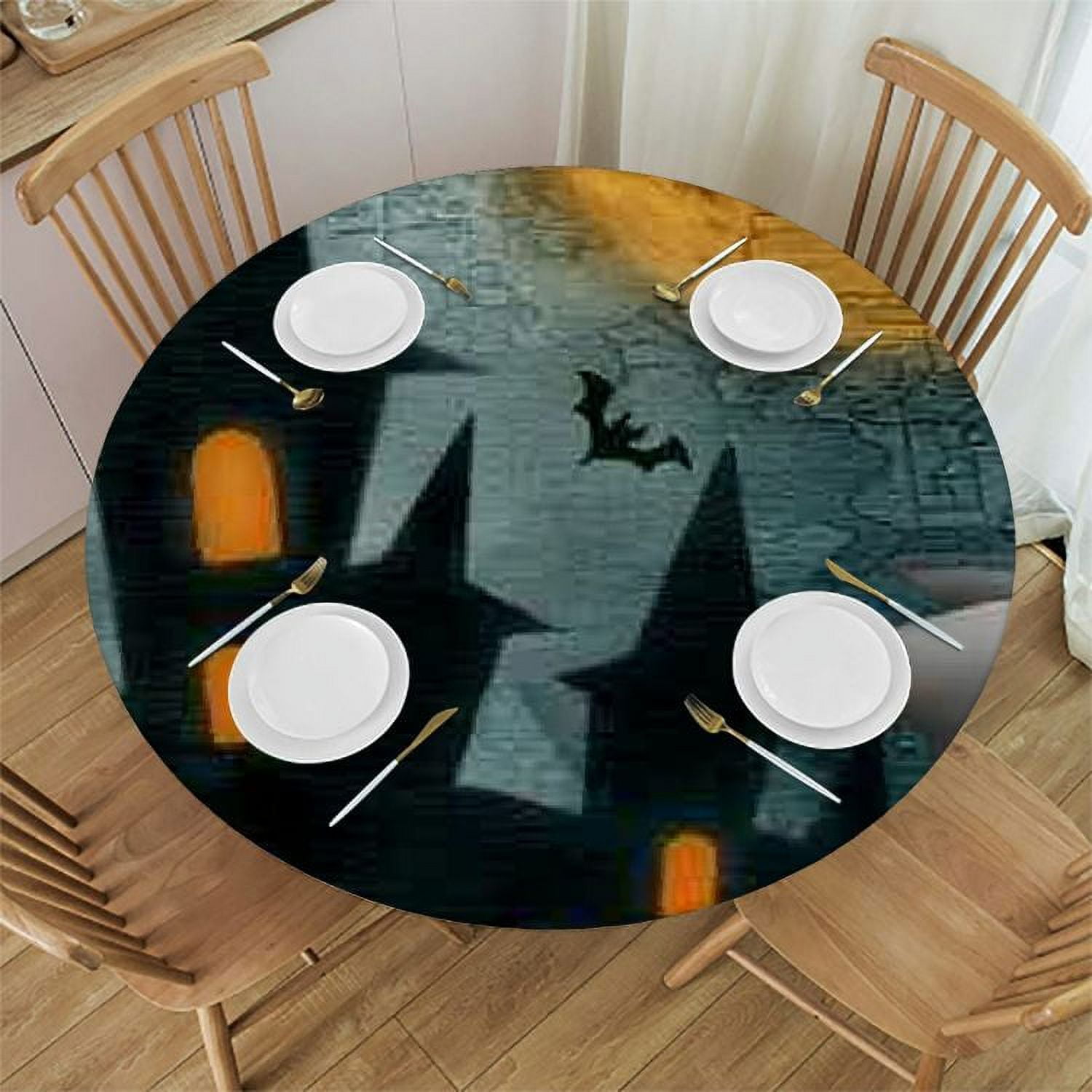 QKZF Halloween Castle Pumpkin Elastic Edge Round TableclothHorror Night ...