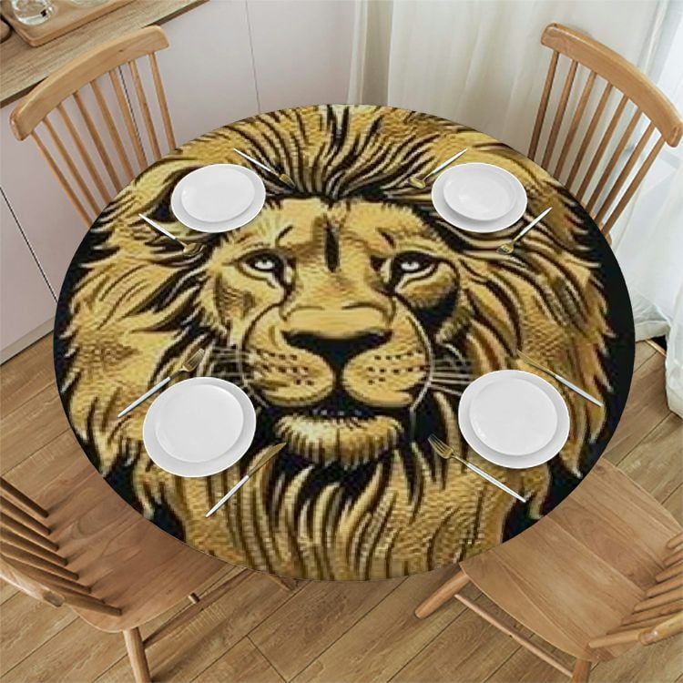 QKZF Lion Ethnic Gold Round Table Cover Round Picnic Tablecloth ...