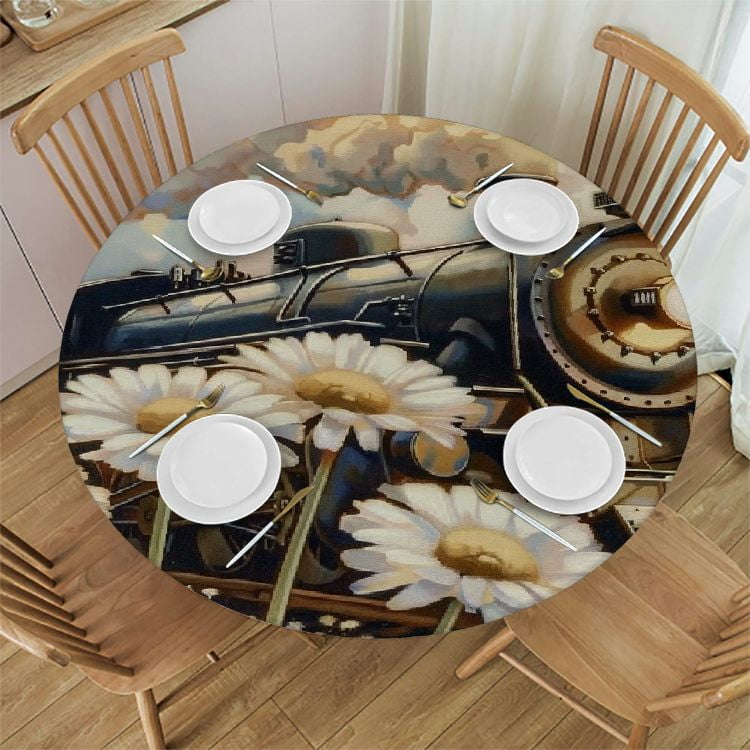 QKZF Round Fitted Tablecloth with Elastic Edge, Watercolor Flower Train ...