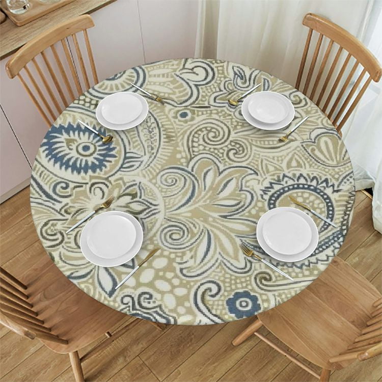 QKZF Round Fitted Tablecloth, Nature Inspired Curly Motifs Abstract ...