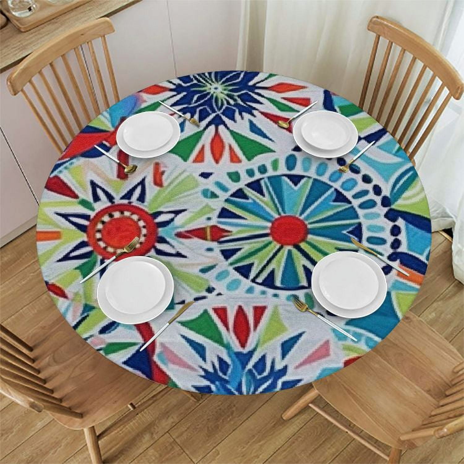 QKZF Round Fitted Vinyl Tablecloth with Elastic Edged & Flannel Backing ...
