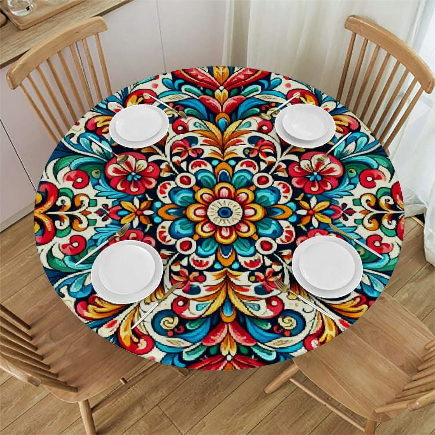 QKZF Round Tablecloth Fitted Table Cover with Elastic Edged Ethnic ...