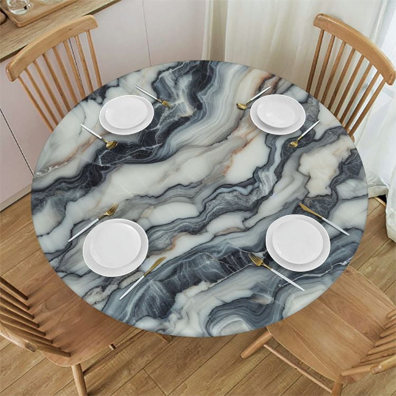 QKZF Round Tablecloth Fitted Table Cover with Elastic Edged Marble ...