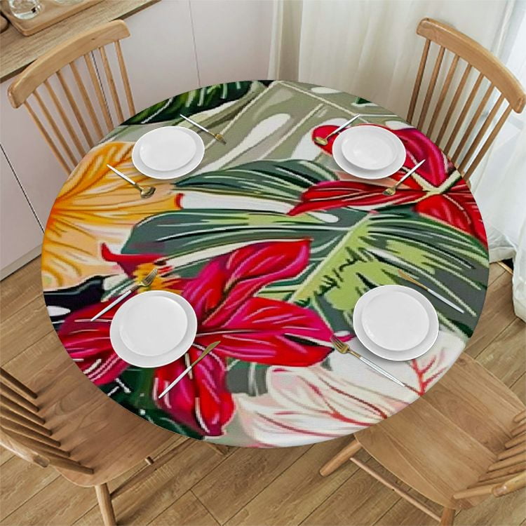 QKZF Round Tablecloth, Palm Tree Hibiscus Flowers Plants Tablecloths ...