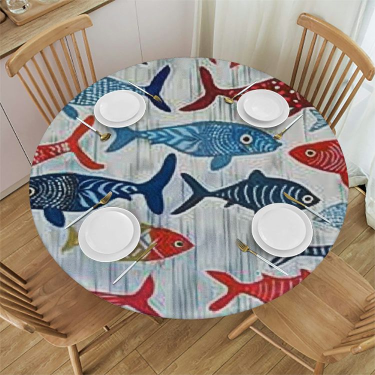 QKZF Round Vinyl Flannel Backed Tablecloth, Fish School, White Indoor ...
