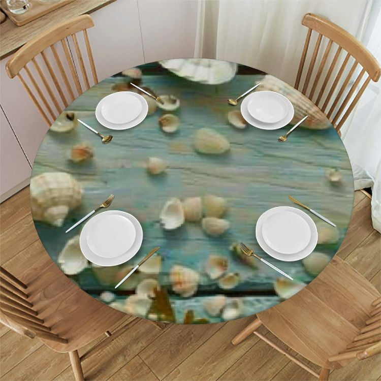 QKZF Seashell Round Tablecloth, Summer Ocean Starfish on Blue Wooden ...