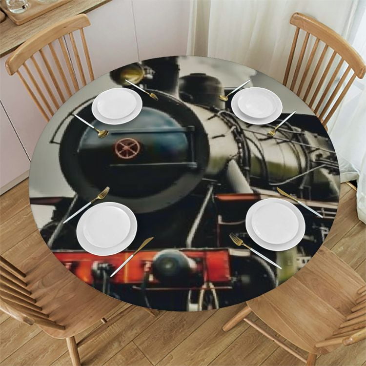 QKZF Steam Locomotive Train Round Tablecloth â€“ Water-Repellent Round Table Clothes â€“Spring ...