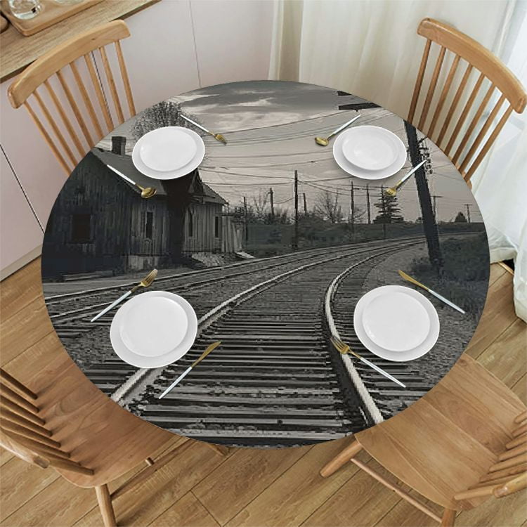 QKZF Train Track Table Cover Wipeable Tablecloth Round Fitted Table ...
