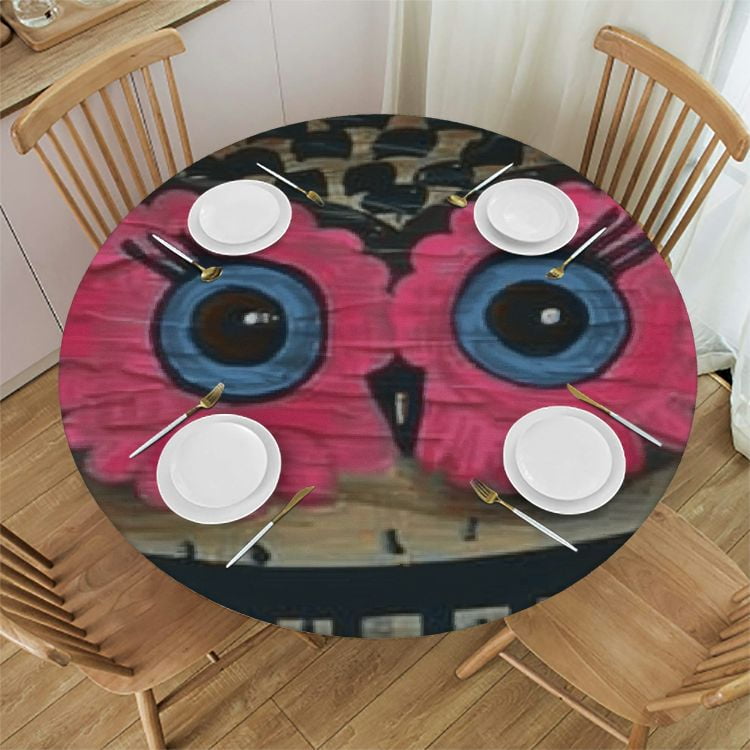 QKZF Tree Flower and Colorful Owl Round Fitted Tablecloth with Umbrella ...