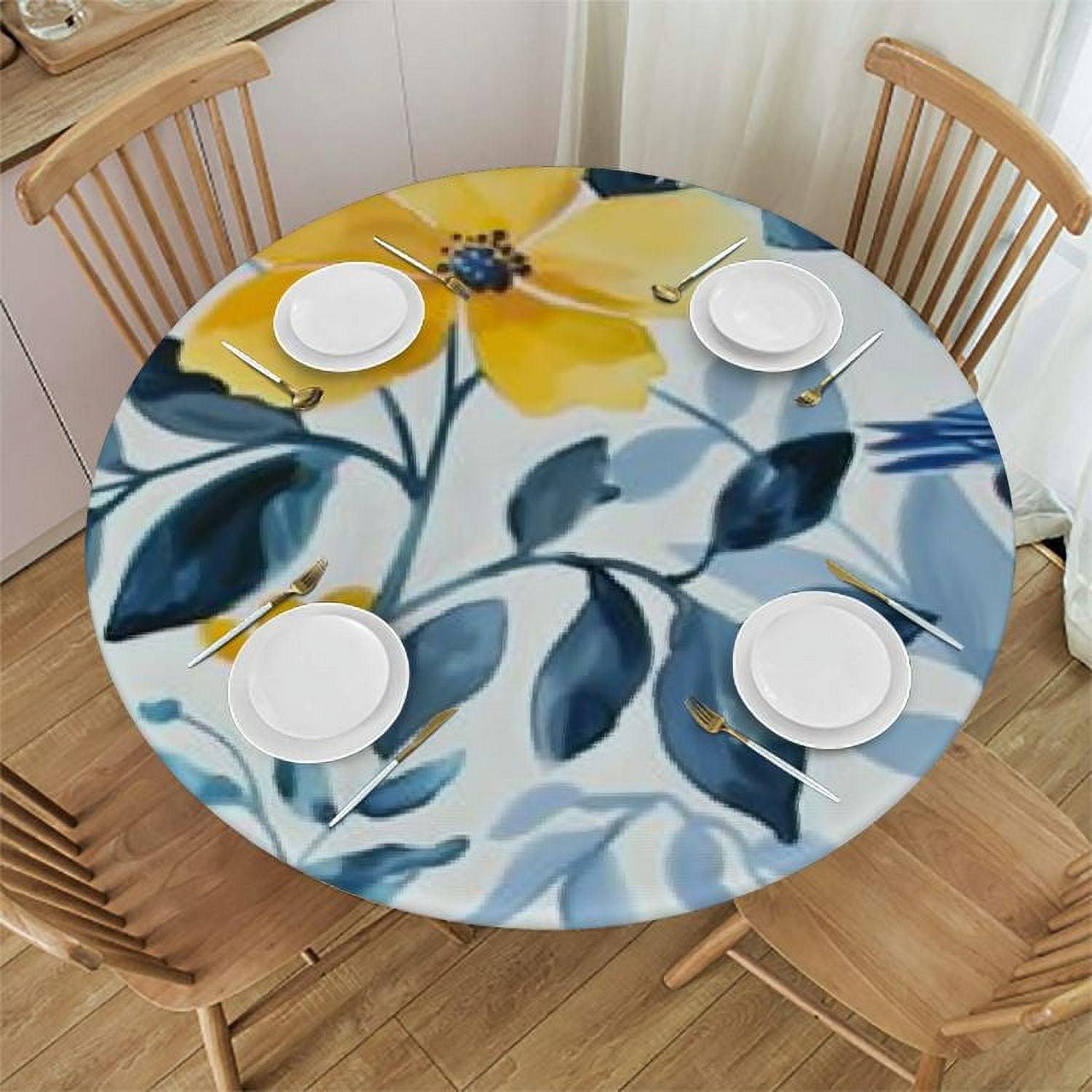 QKZF Watercolor Blue Yellow Floral Tablecloth Round Spring Rustic Sage ...