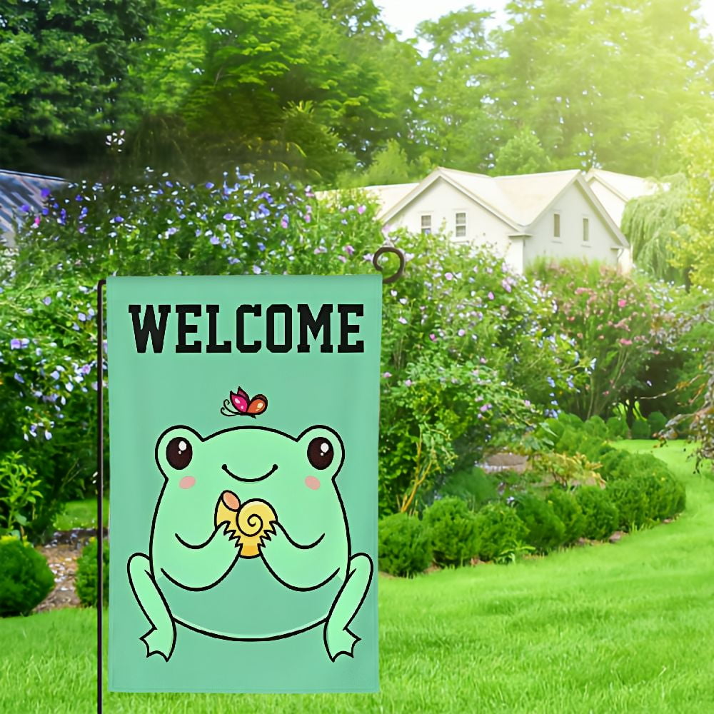 QKZF Welcome Kawaii Frog and Butterfly Garden Flag Vertical Double ...