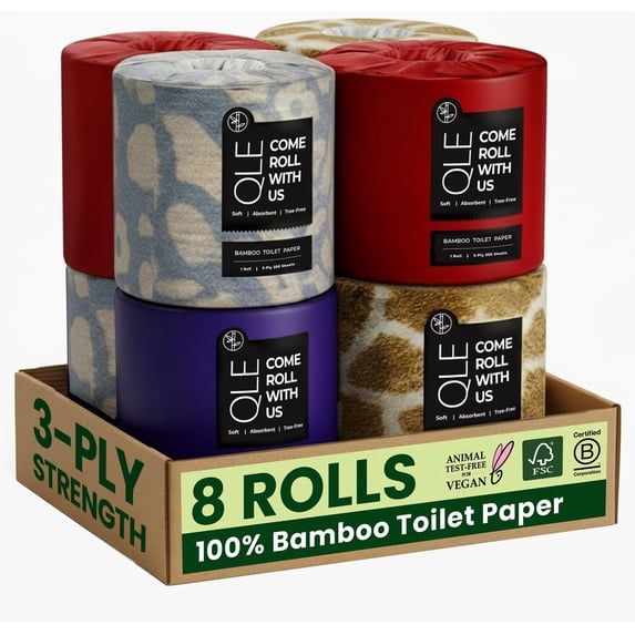 QLE Bamboo Toilet Paper 8 Pack 3 Ply 300 Sheets - Organic Chemical Free ...