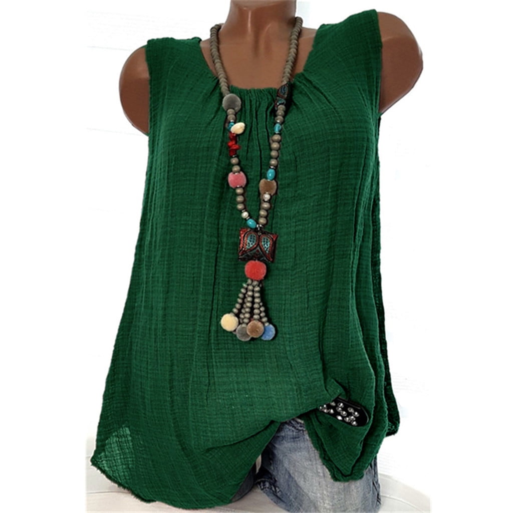 QLEICOM Print Pleated Tank Tops for Women, Plus Size Casual Loose Tunic ...