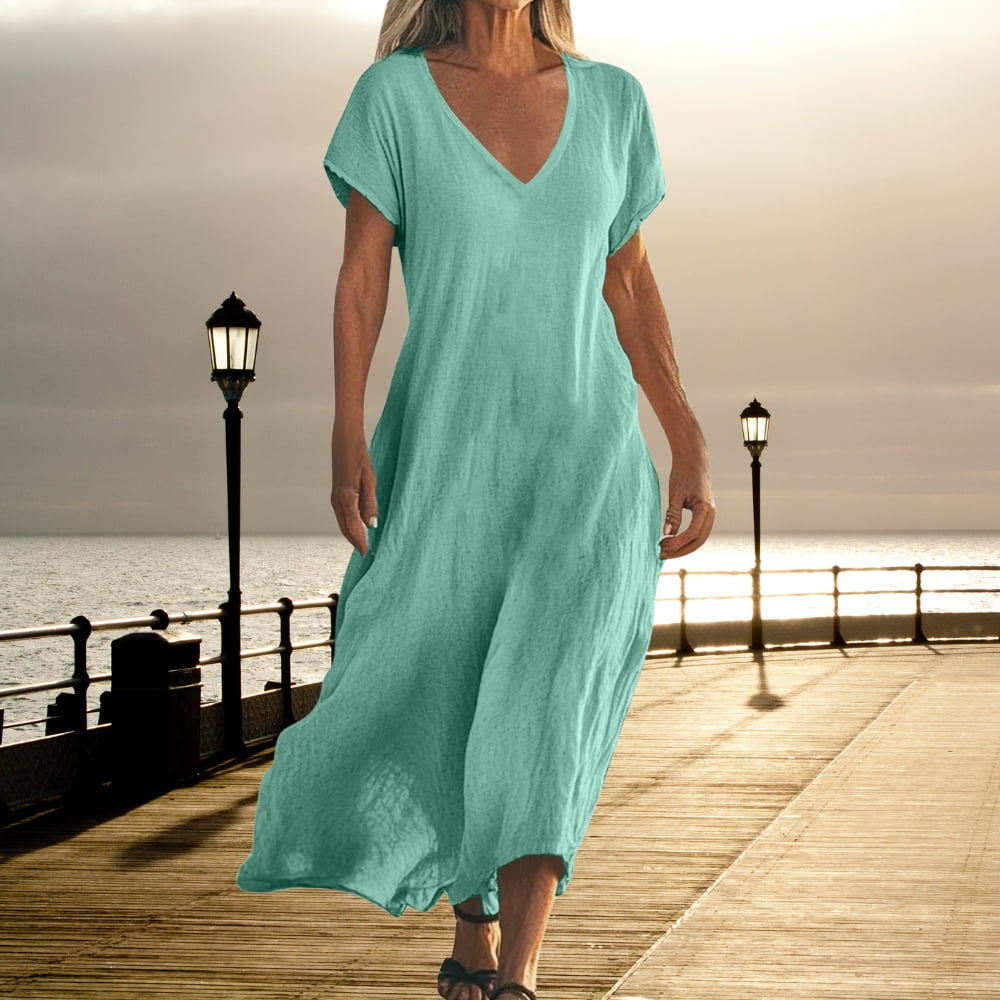 QLEICOM Summer Dresses for Women 2025, Plus Size Boho Maxi Dresses, V ...