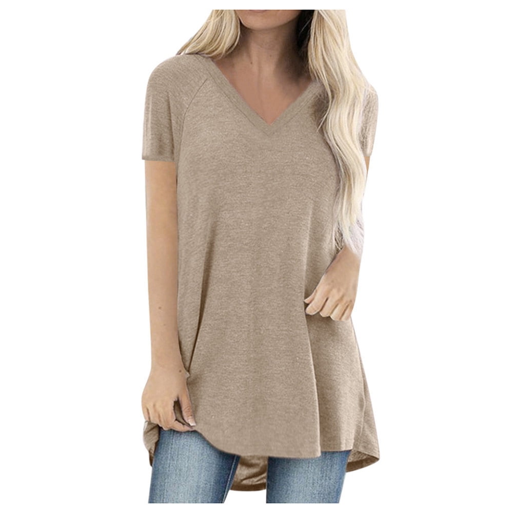 QLEICOM Summer Short Sleeve Flowy Tunic Tops for Women, High Low Hem ...