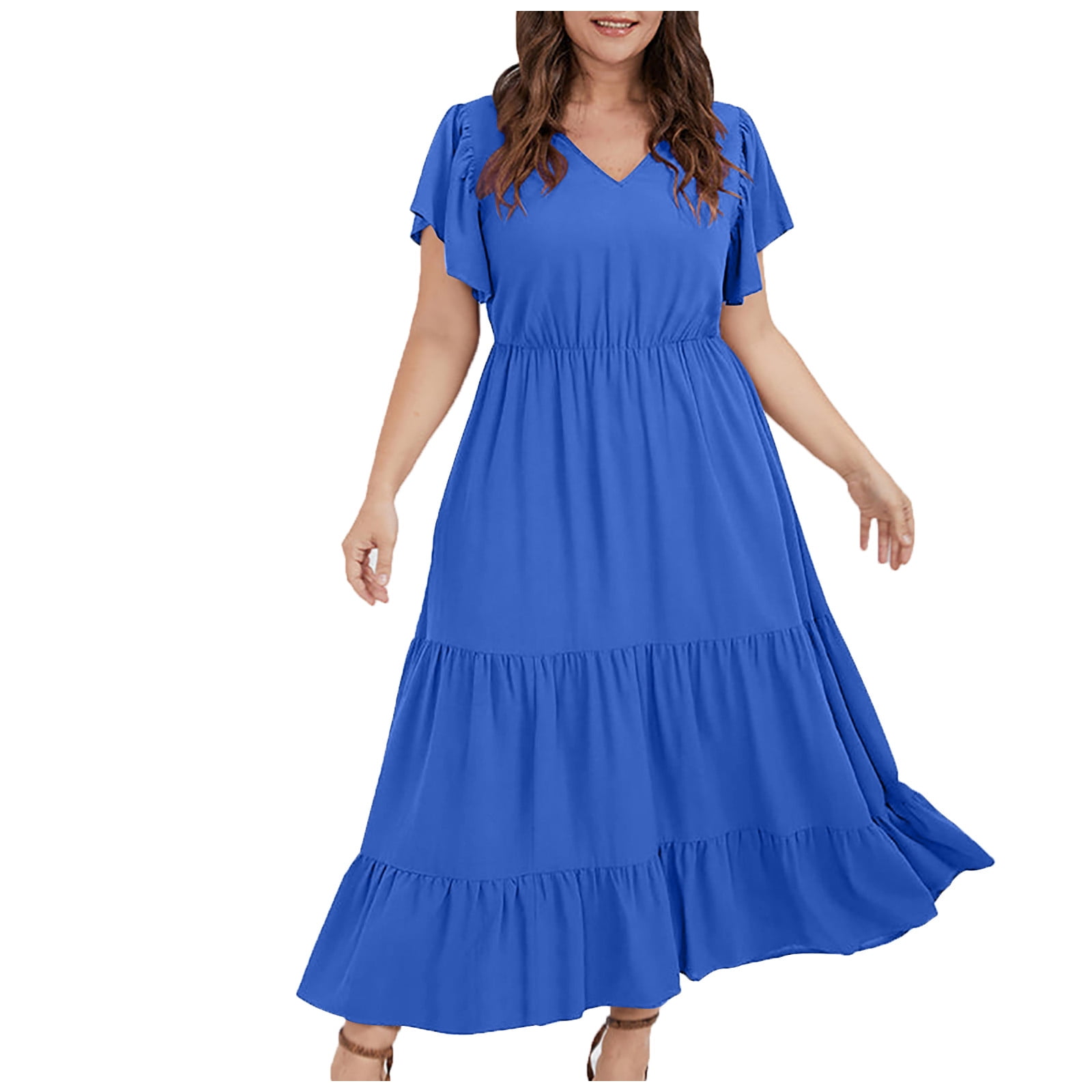 QLEICOM Women Casual Loose Bohemian Dress Plus Size Short Sleeve V Neck ...