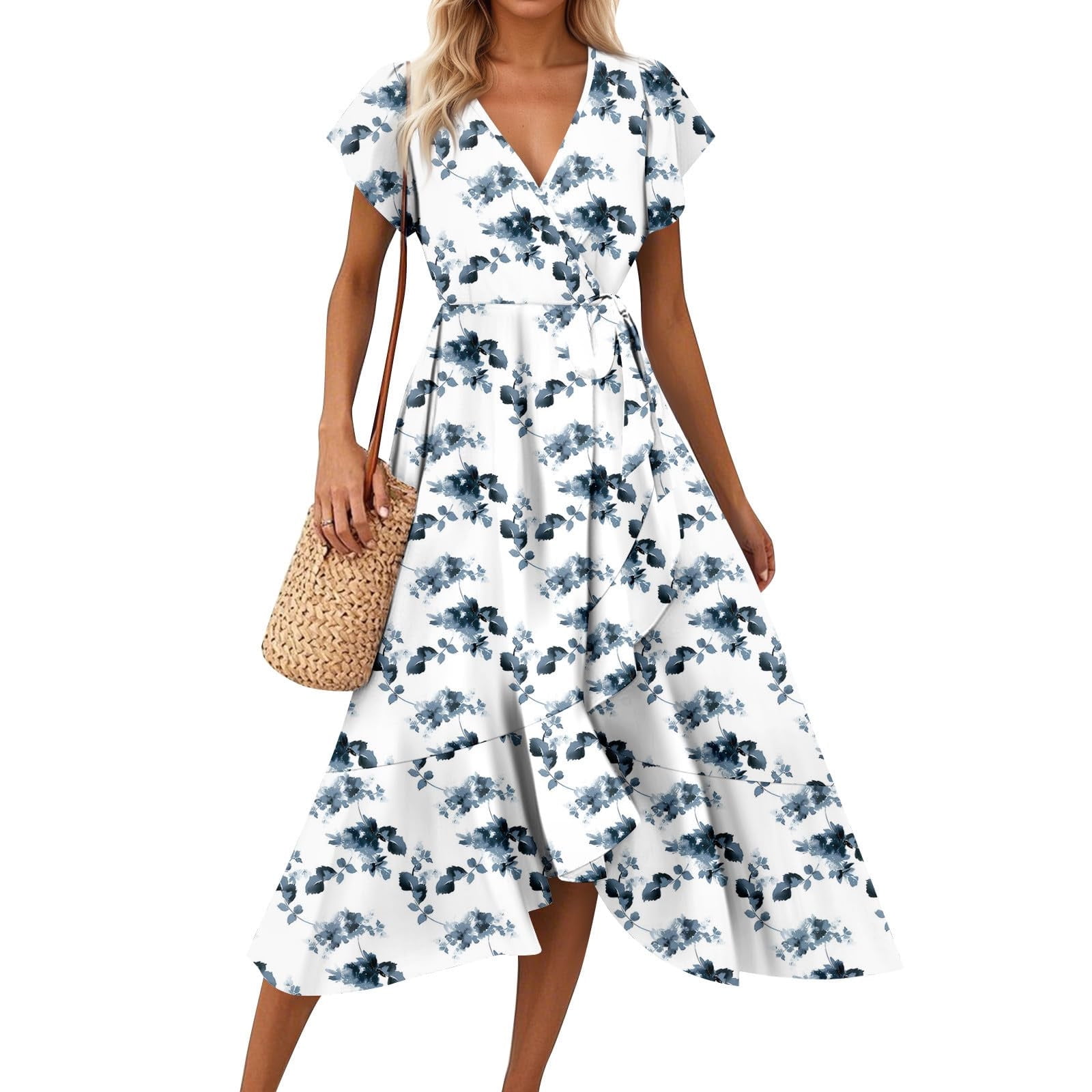 QLEICOM Women Casual Loose Bohemian Floral Dress, Sexy Wrap V Neck ...