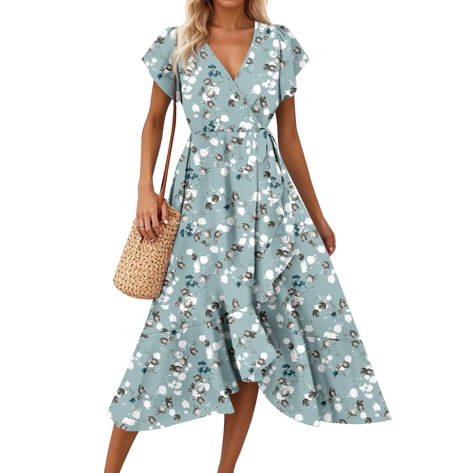 QLEICOM Women Casual Loose Bohemian Floral Dress, Sexy Wrap V Neck ...