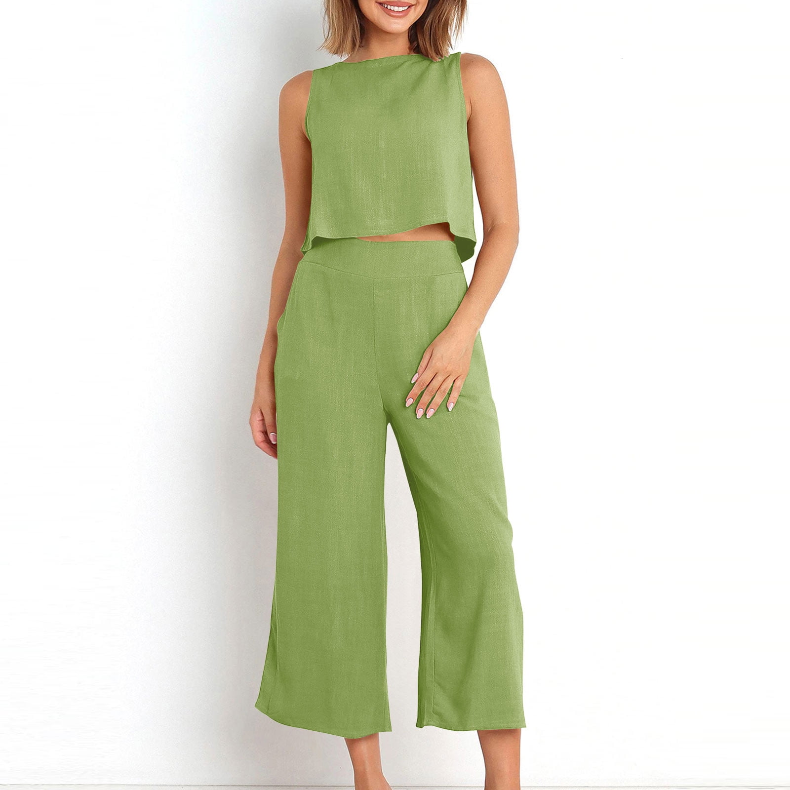 QLEICOM Women's 2 Piece Outfits, Sleeveless Vest and Wide Leg Pants Two ...