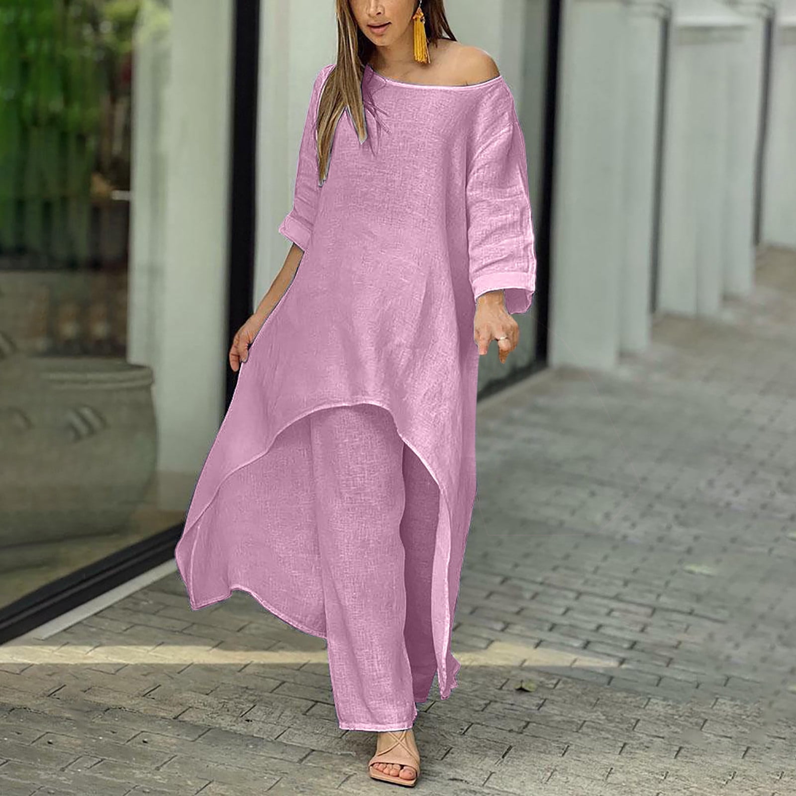 QLEICOM Women's 2 Piece Outfits Slit Hem Longline Blouse and Wide Leg ...