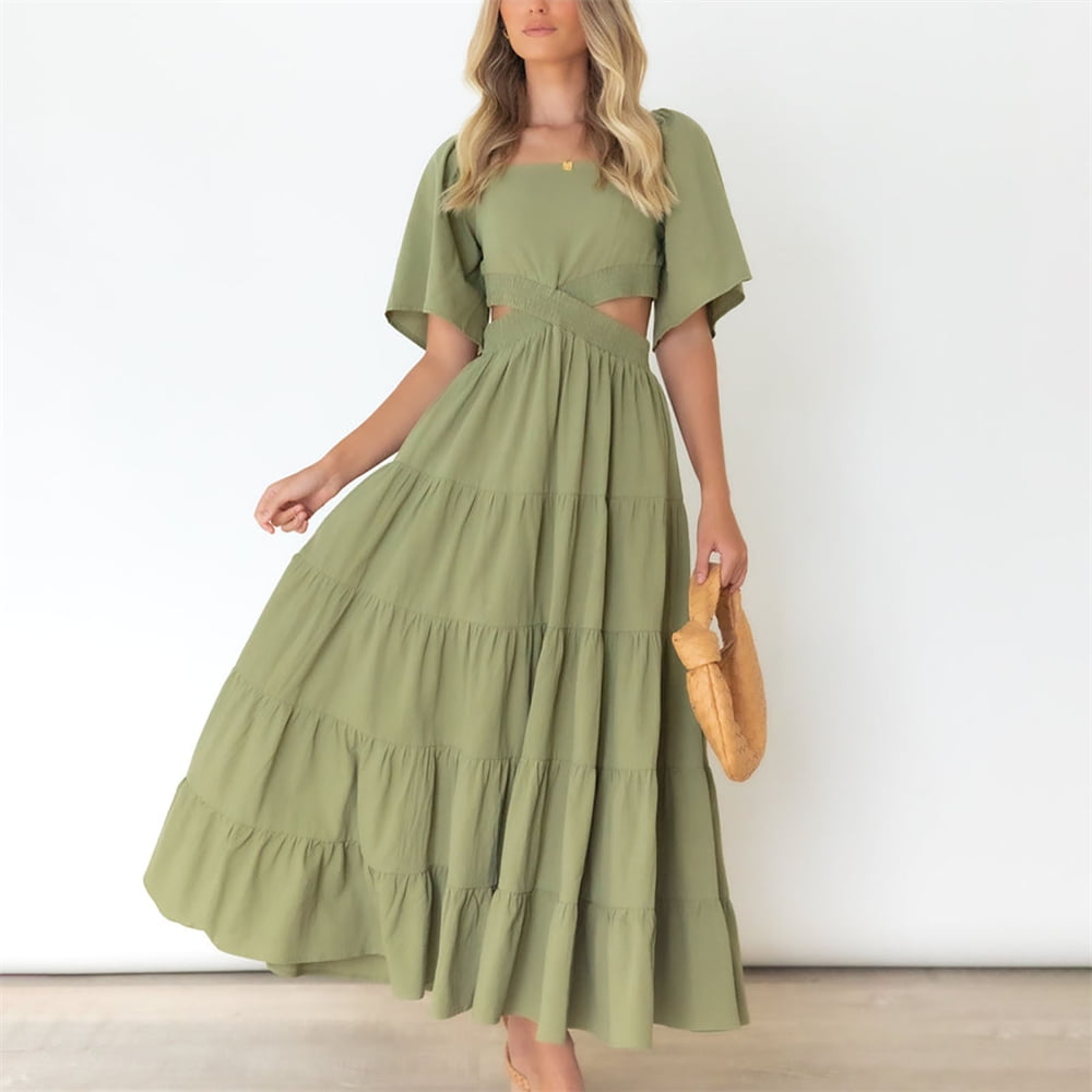 QLEICOM Women's Boho Summer Dresses Short Sleeve Square Neck Flowy Maxi ...