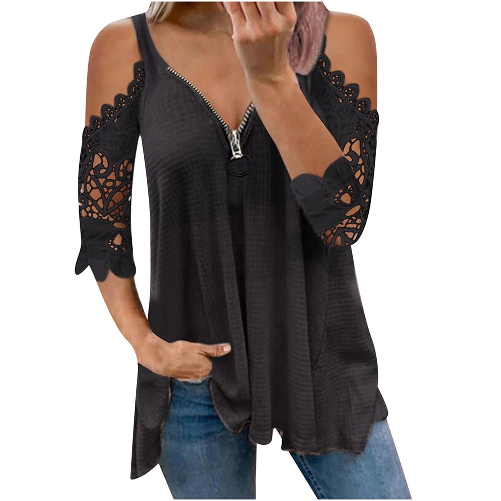 QLEICOM Women's Tops Half Sleeve Cold Shoulder Tops, V Neck Zipper ...