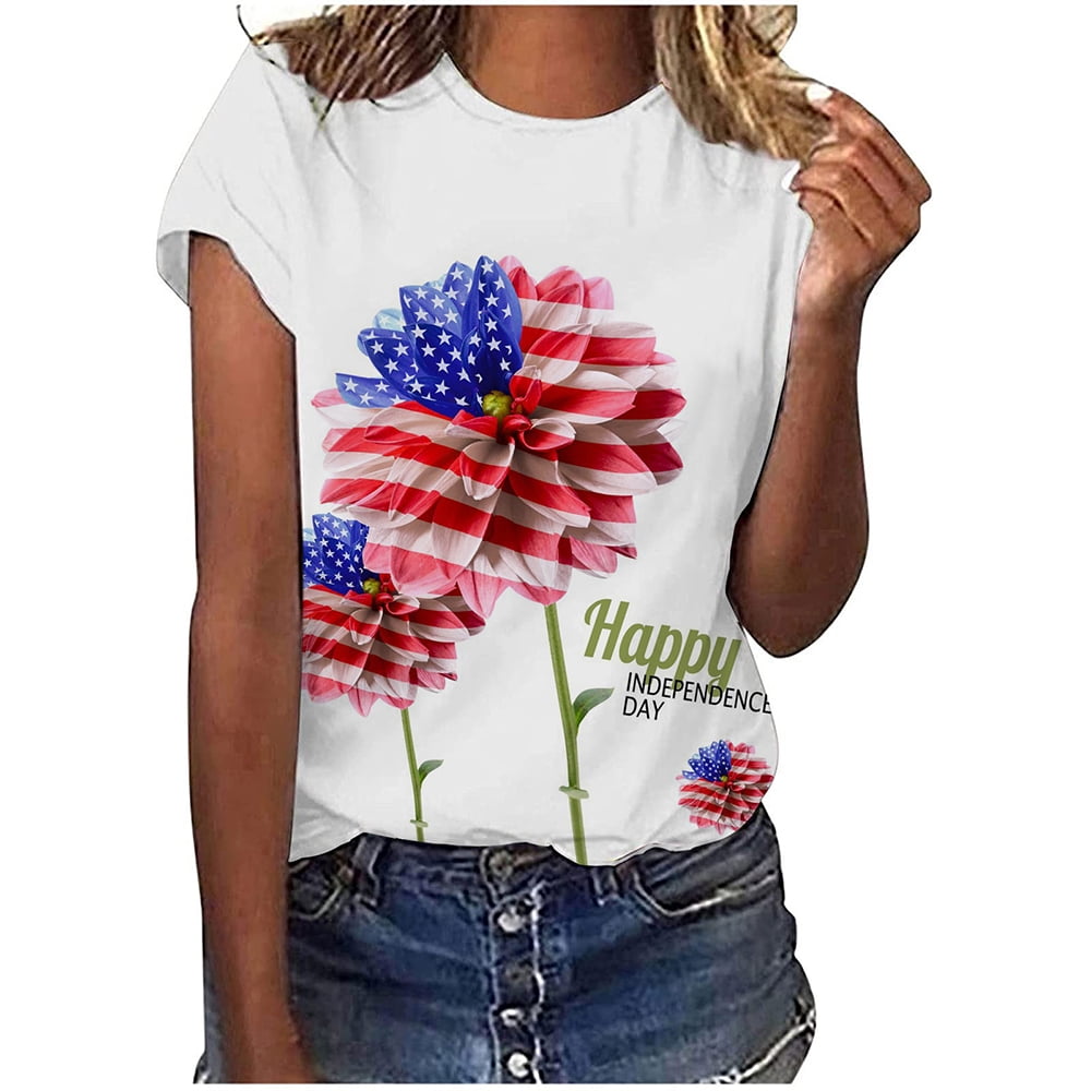 QLEICOM Womens 4th of July Tops Independence Day Popular American Flag Printed T-shirt Printe ...