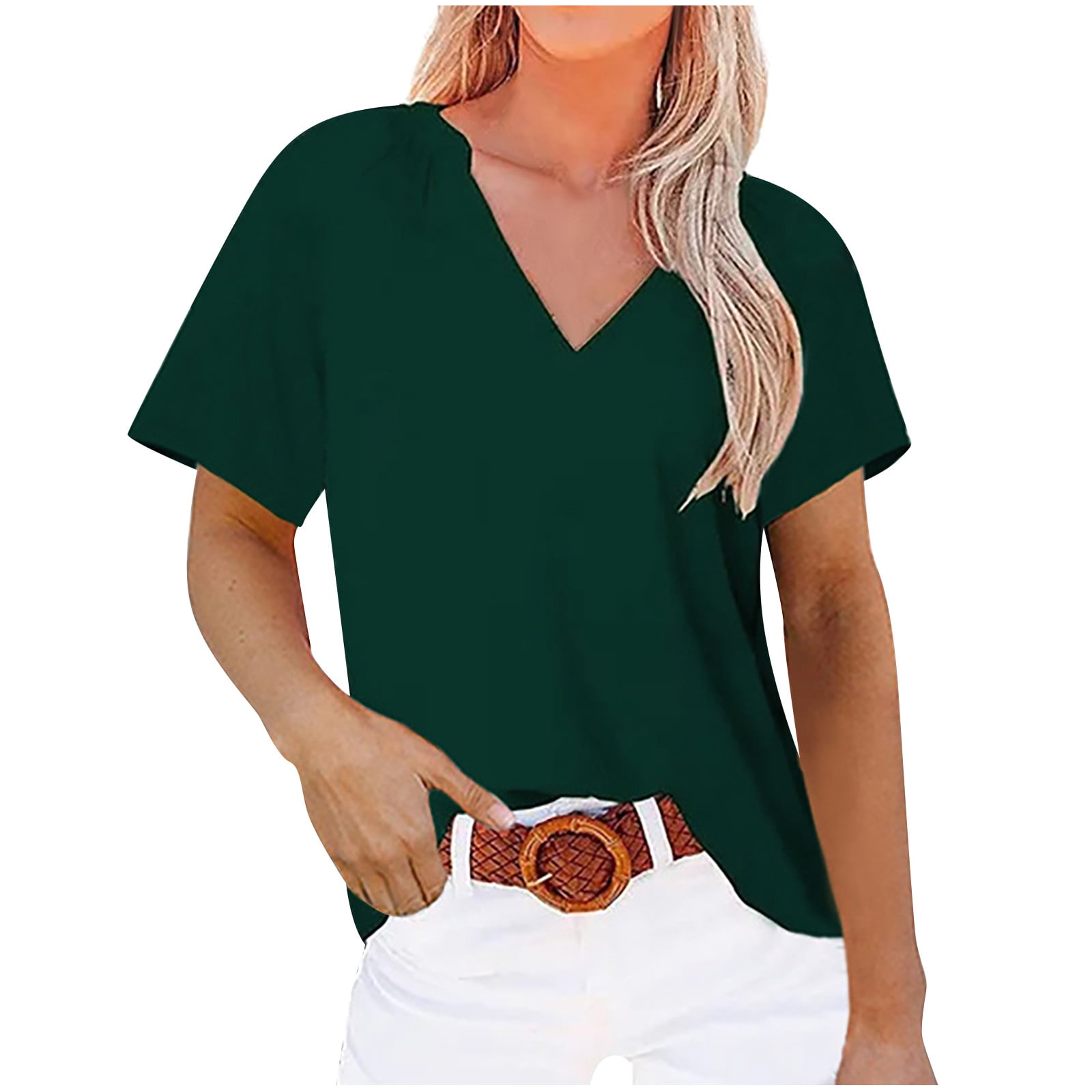 Qleicom Womens Oversized T Shirts Short Sleeve Solid V Neck Tops Loose Fit Shirts Summer Casual