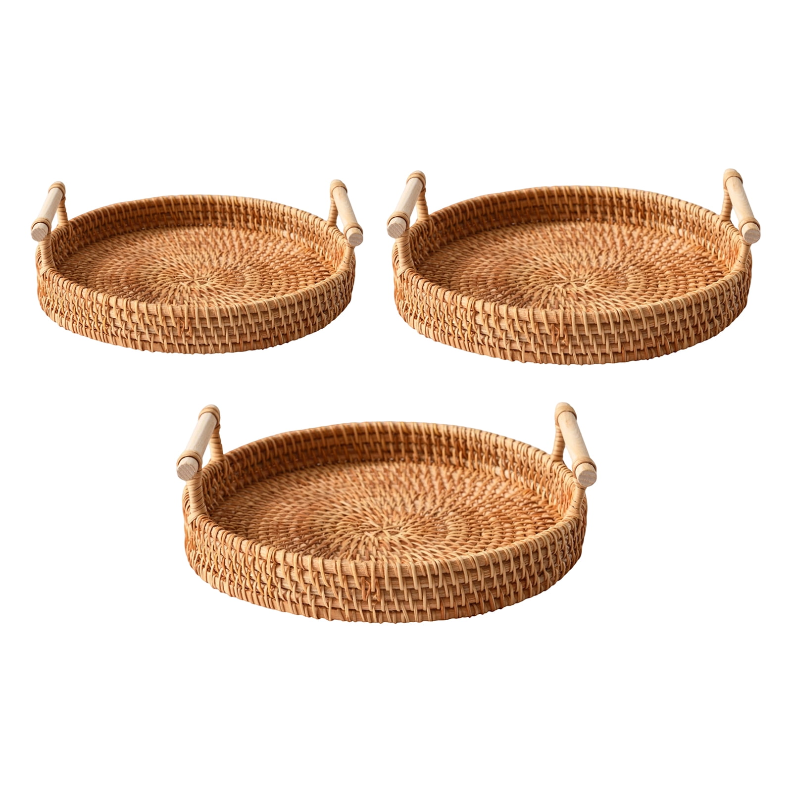 QLUEWX 3 Pack Natural Rattan Woven Serving Trays with Wooden Handles ...