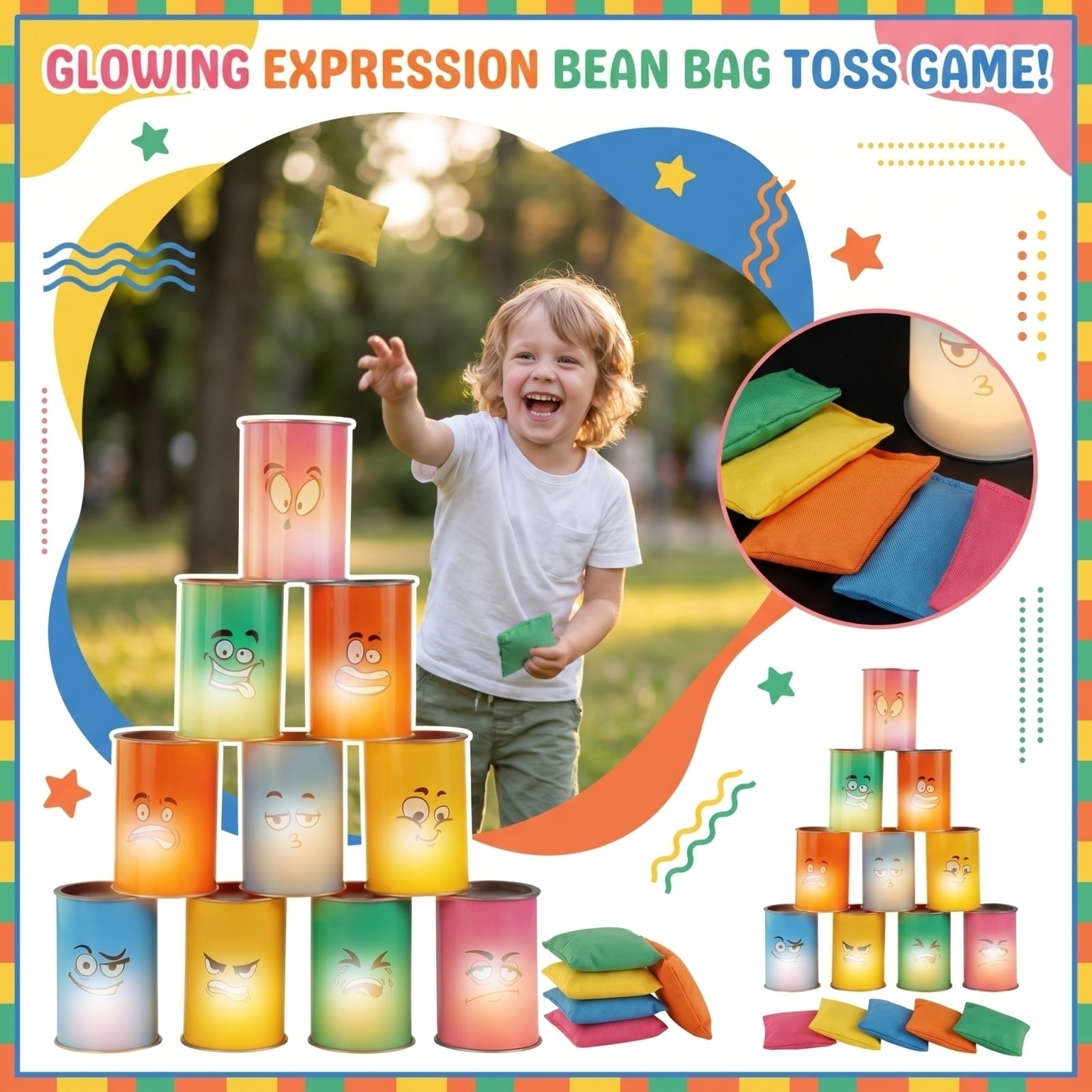 QLUEWX Kids Expression Tin Can Bean Bag Toss Game, Carnival Knock Down ...