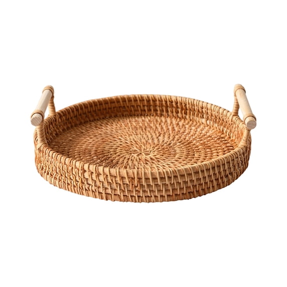 QLUEWX Natural Rattan Woven Serving Trays with Wooden Handles, 12 ...