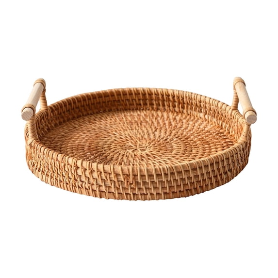 QLUEWX Natural Rattan Woven Serving Trays with Wooden Handles, 9.45 ...