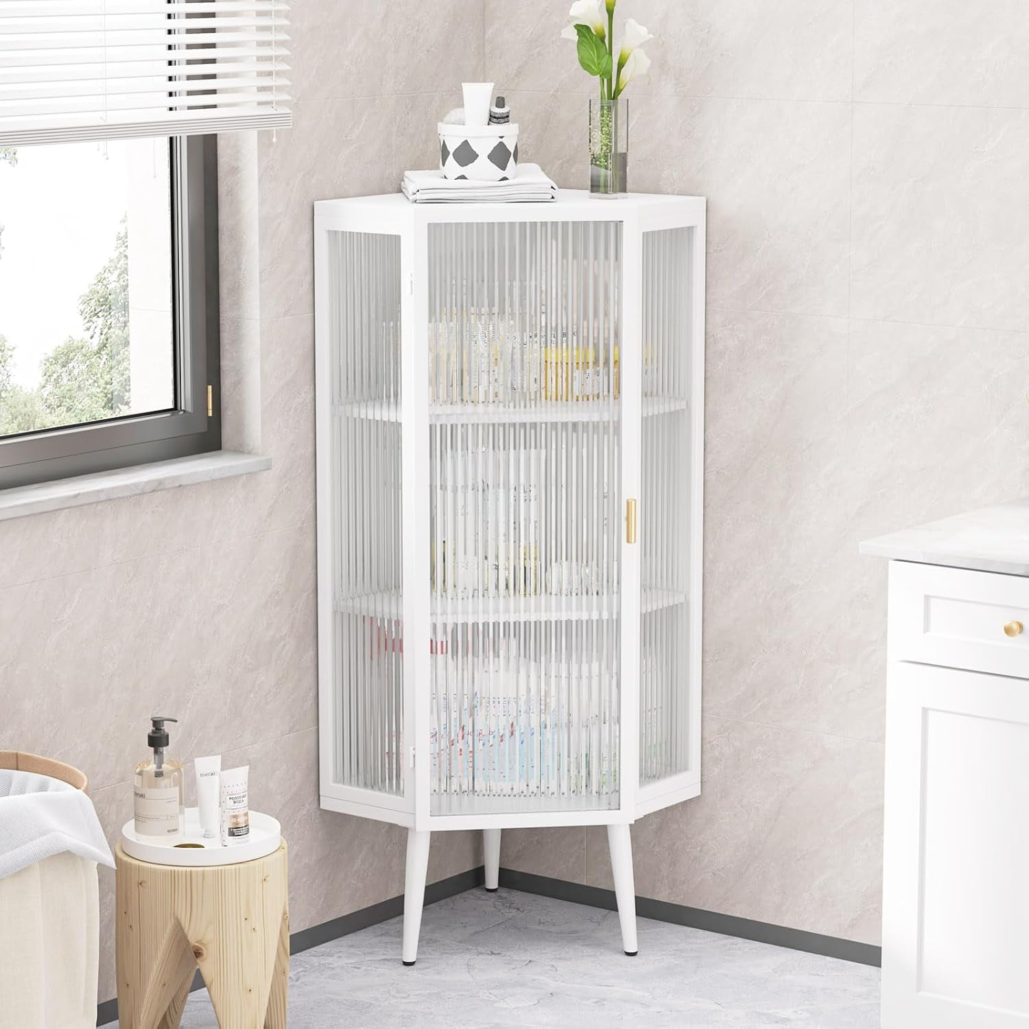 QMIT Corner Cabinet Table with Glass Doors, Small Metal Corner Storage ...