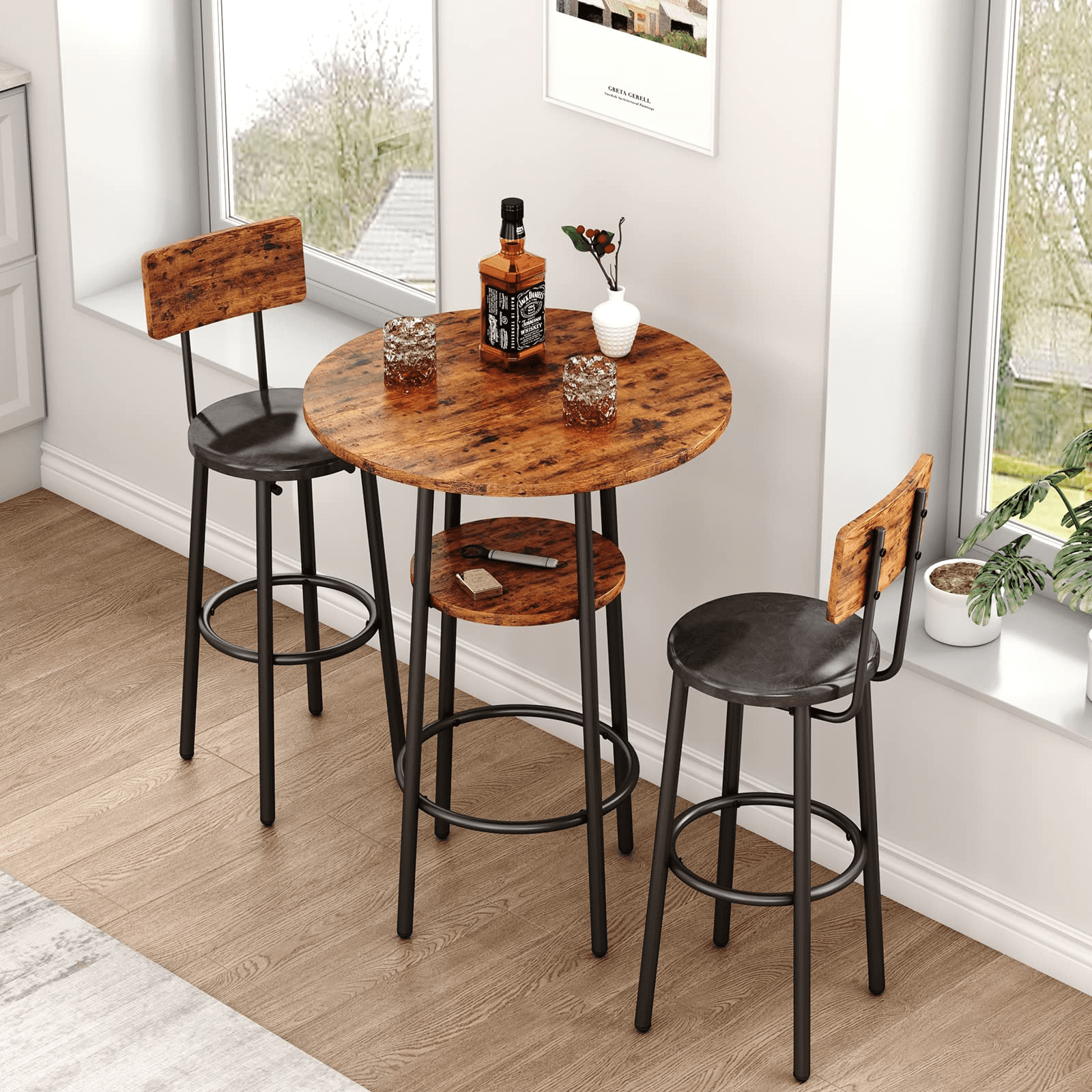 QNACPY 3-Piece Bar Table Set, Small 2-Tier Round Bistro Pub Dining ...