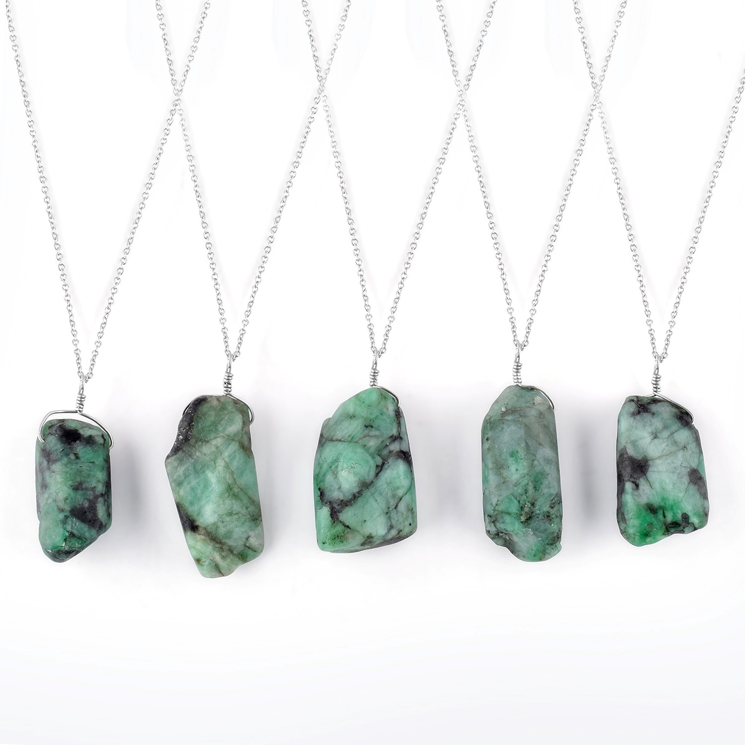 QNAVIC Natural Raw Emerald Gemstone Dainty Pendant Necklace, Elongated ...