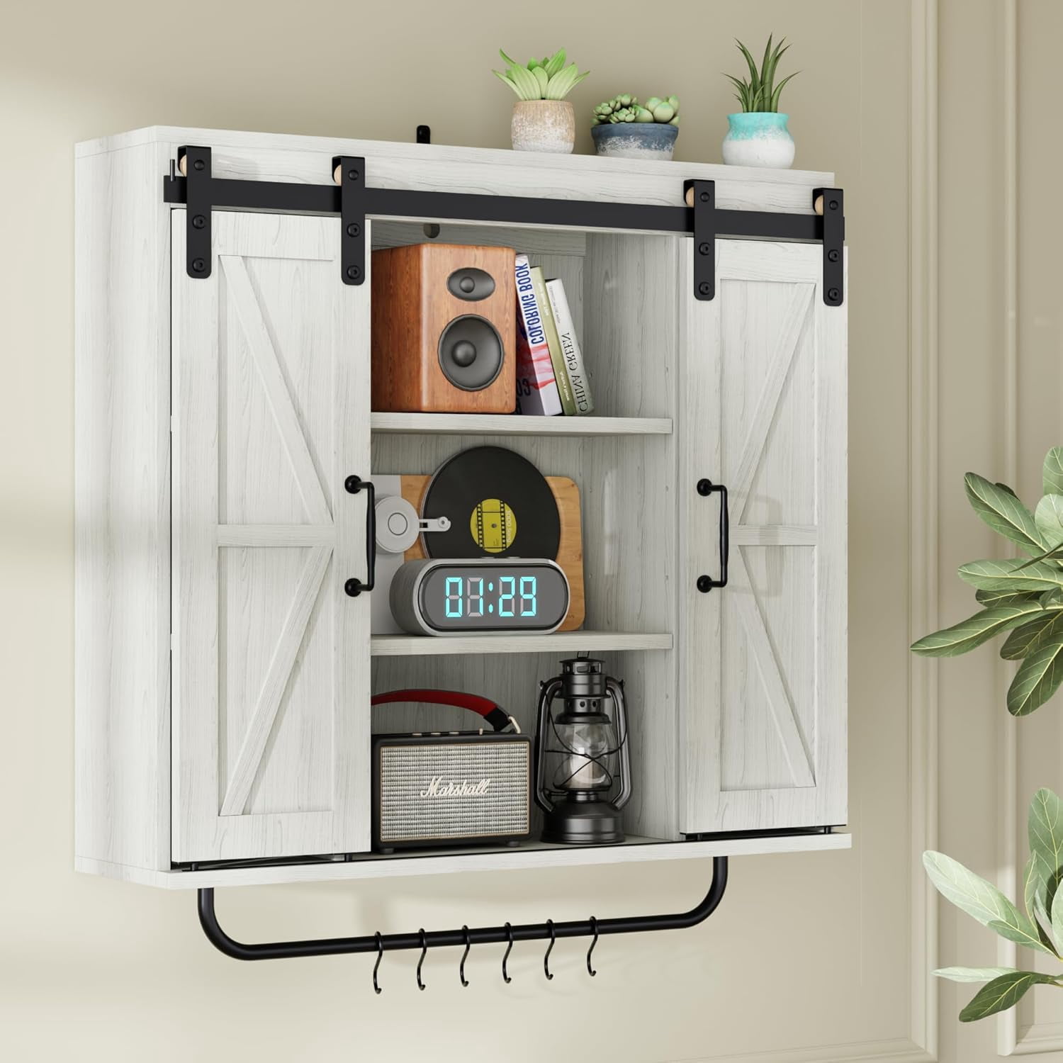 QNICE Rustic Wood Wall Storage Cabinet with Two Sliding Barn Door, 3 ...
