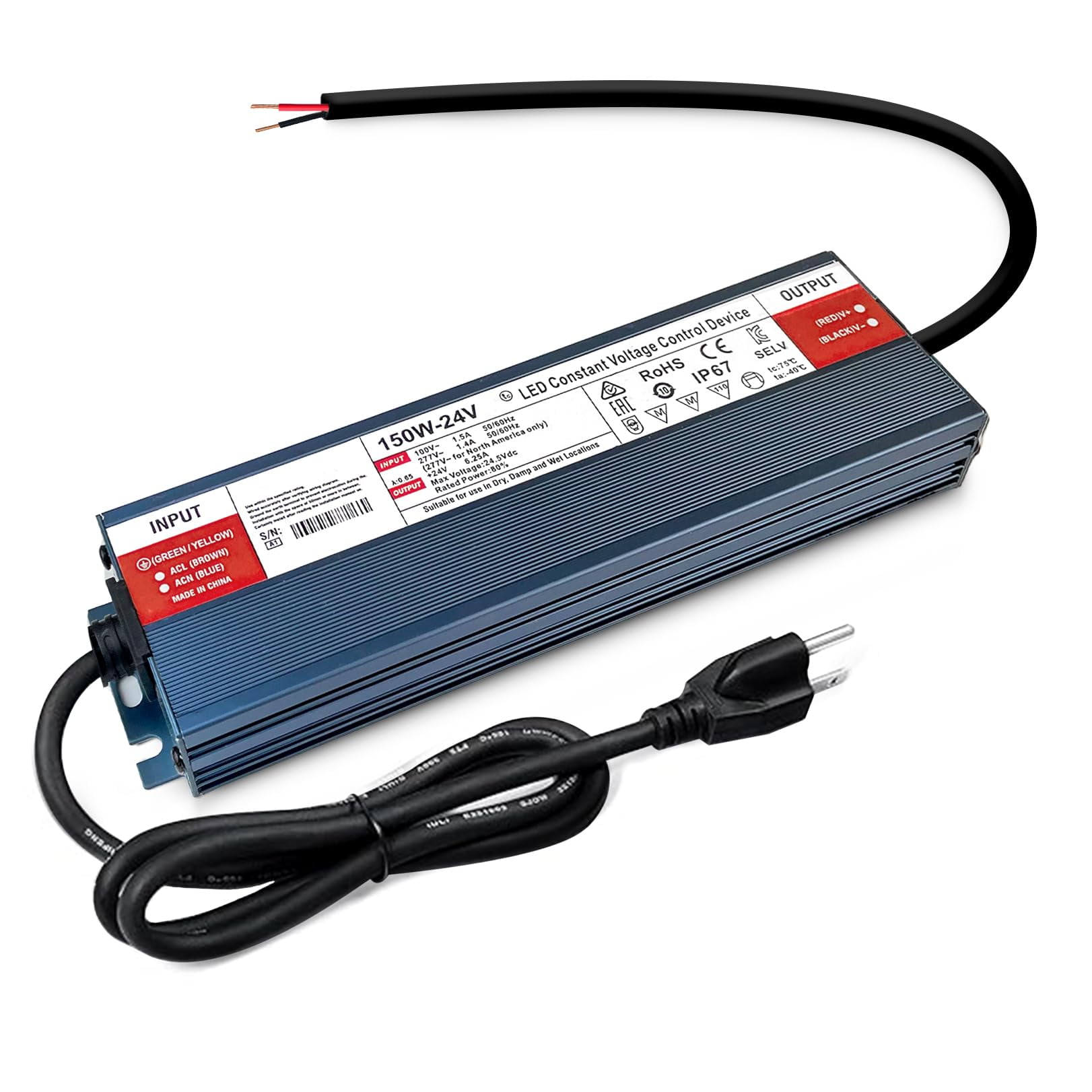 QNNP® LED Driver 150 Watts 24V with Plug, Waterproof DC Low Voltage Transformer Power Supply ...