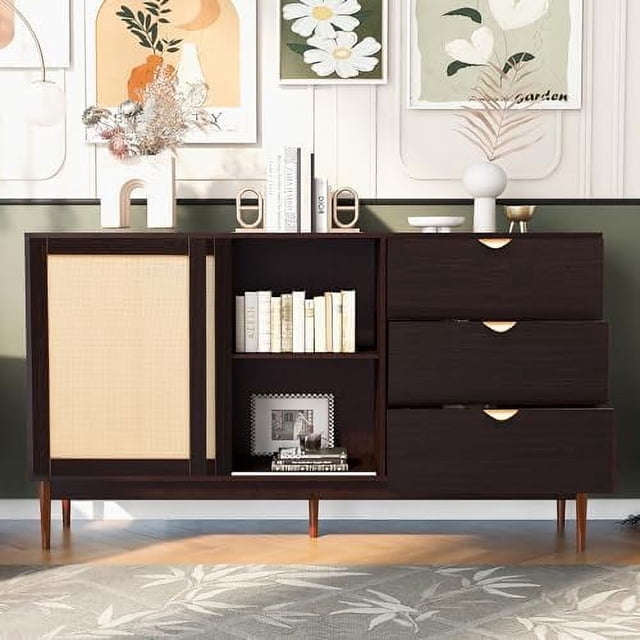 QOPEYTO Wood Kitchen Sideboard Buffet Cabinet for with Wave Pattern Modern Sideboard Cabinet ...
