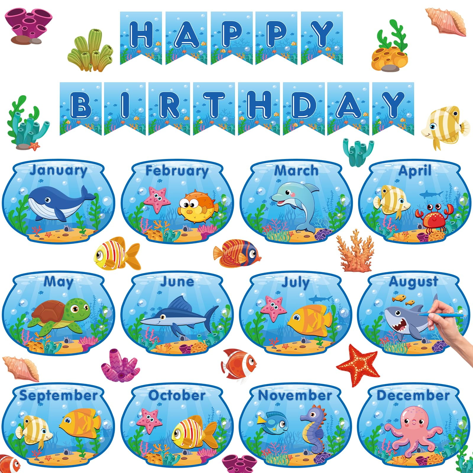 QOUBAI 132 Pcs Under The Sea SMRBirthday Bulletin Set Ocean Happy ...
