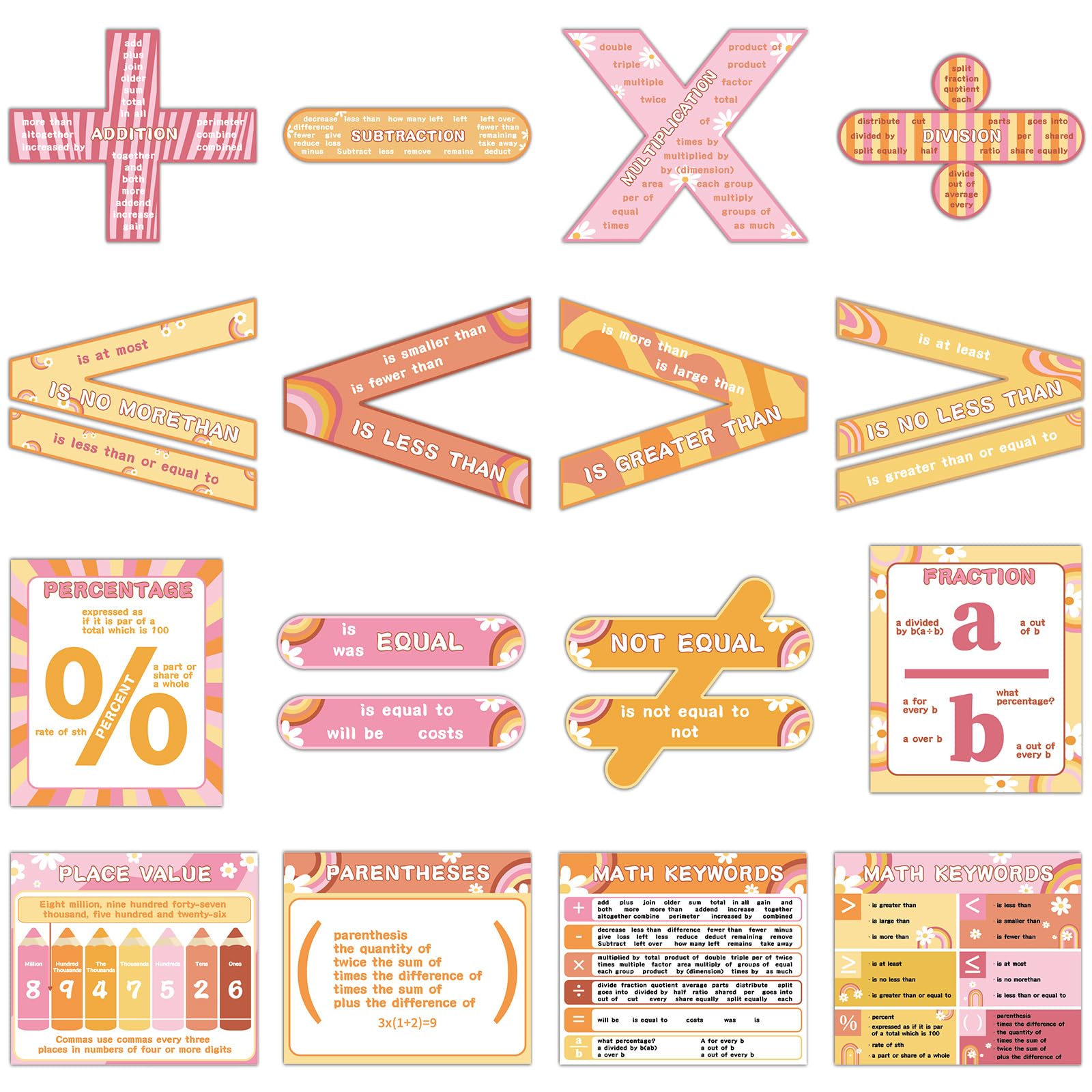 QOUBAI 16pcs Educational Math Posters Set Large Groovy Hippie Math ...